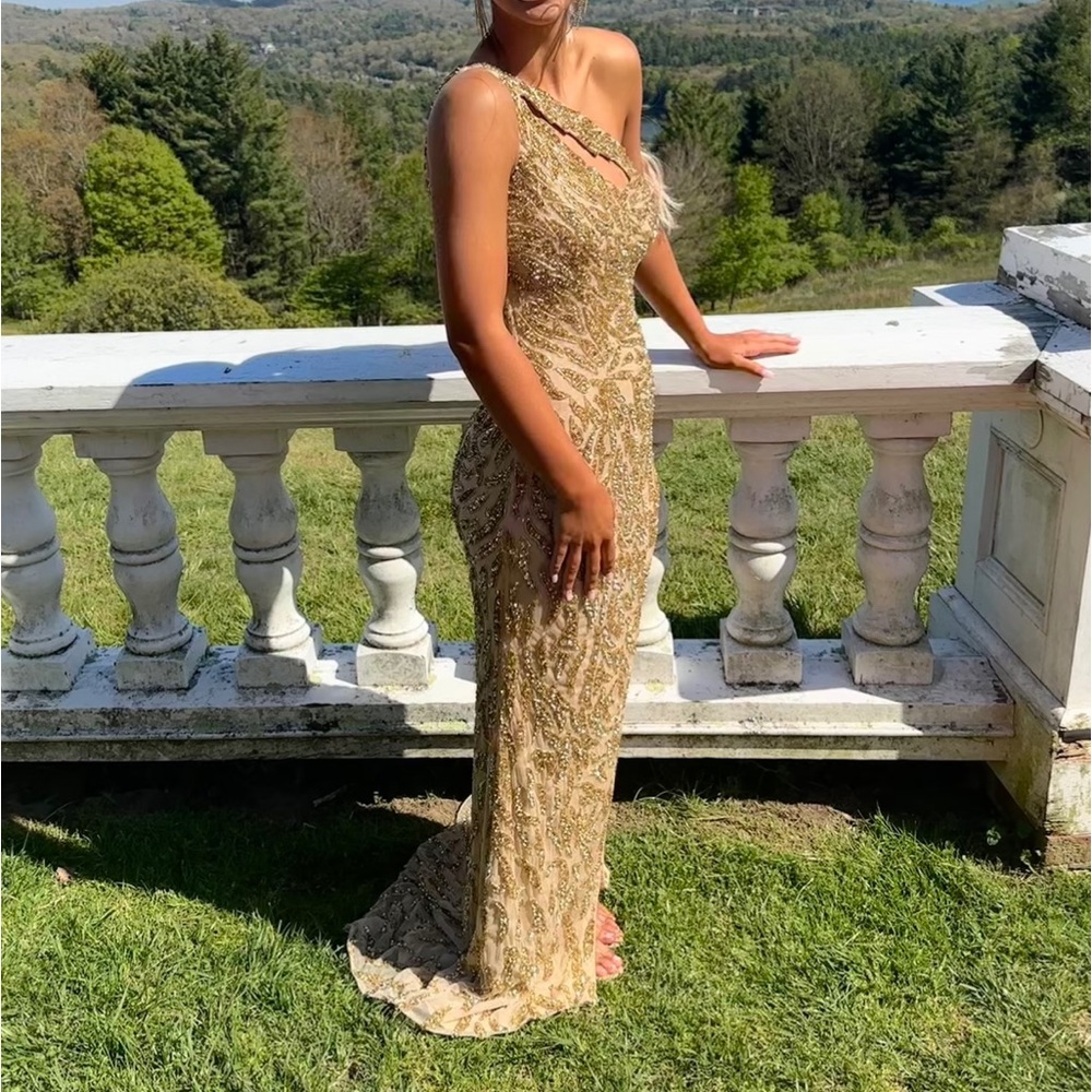 Ashley Lauren Prom Dress. One Shoulder, Gold, Beaded,… - Gem